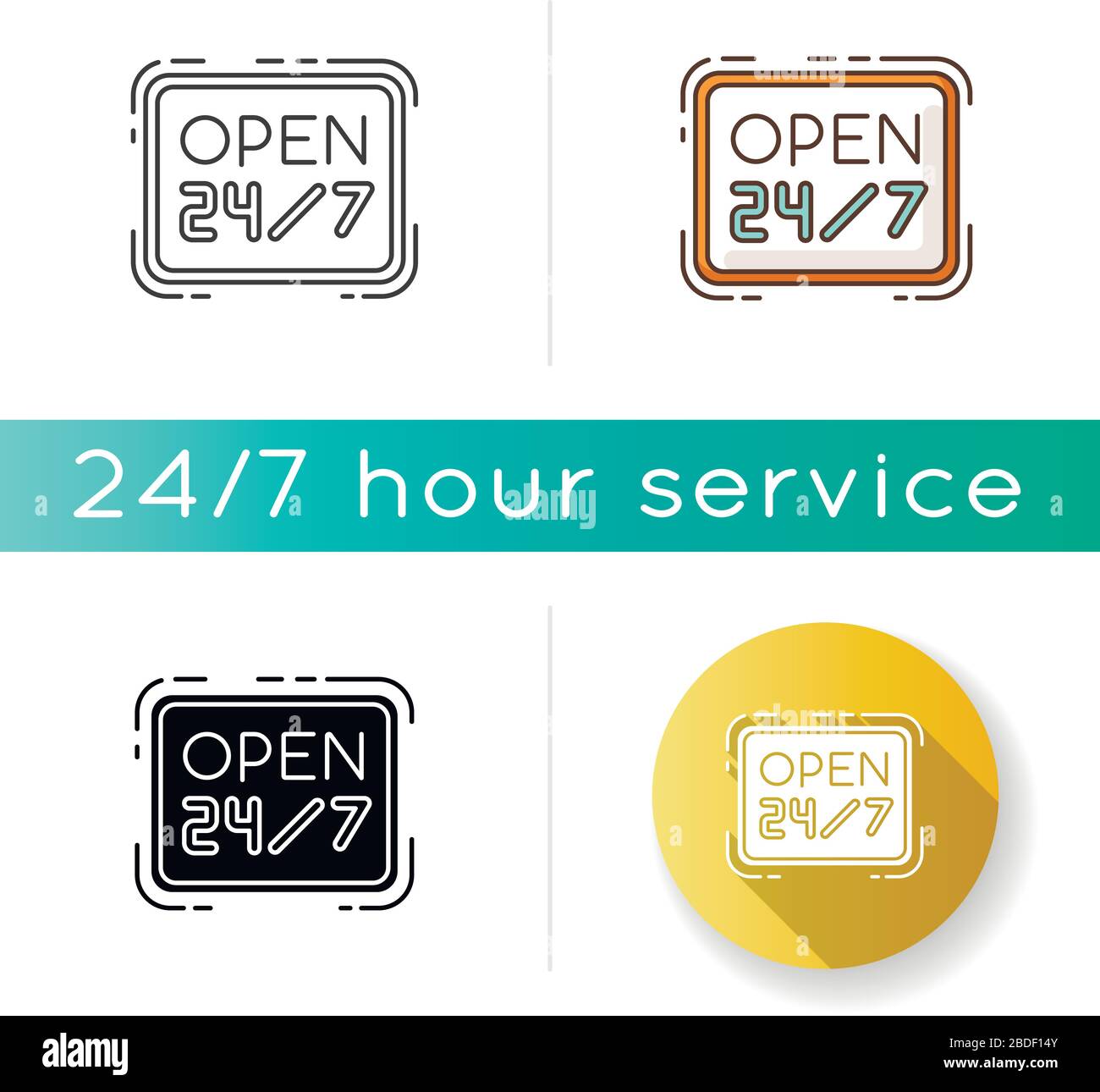 Open 24 7 hours icon. Twenty four seven store. Hanging retail sign ...