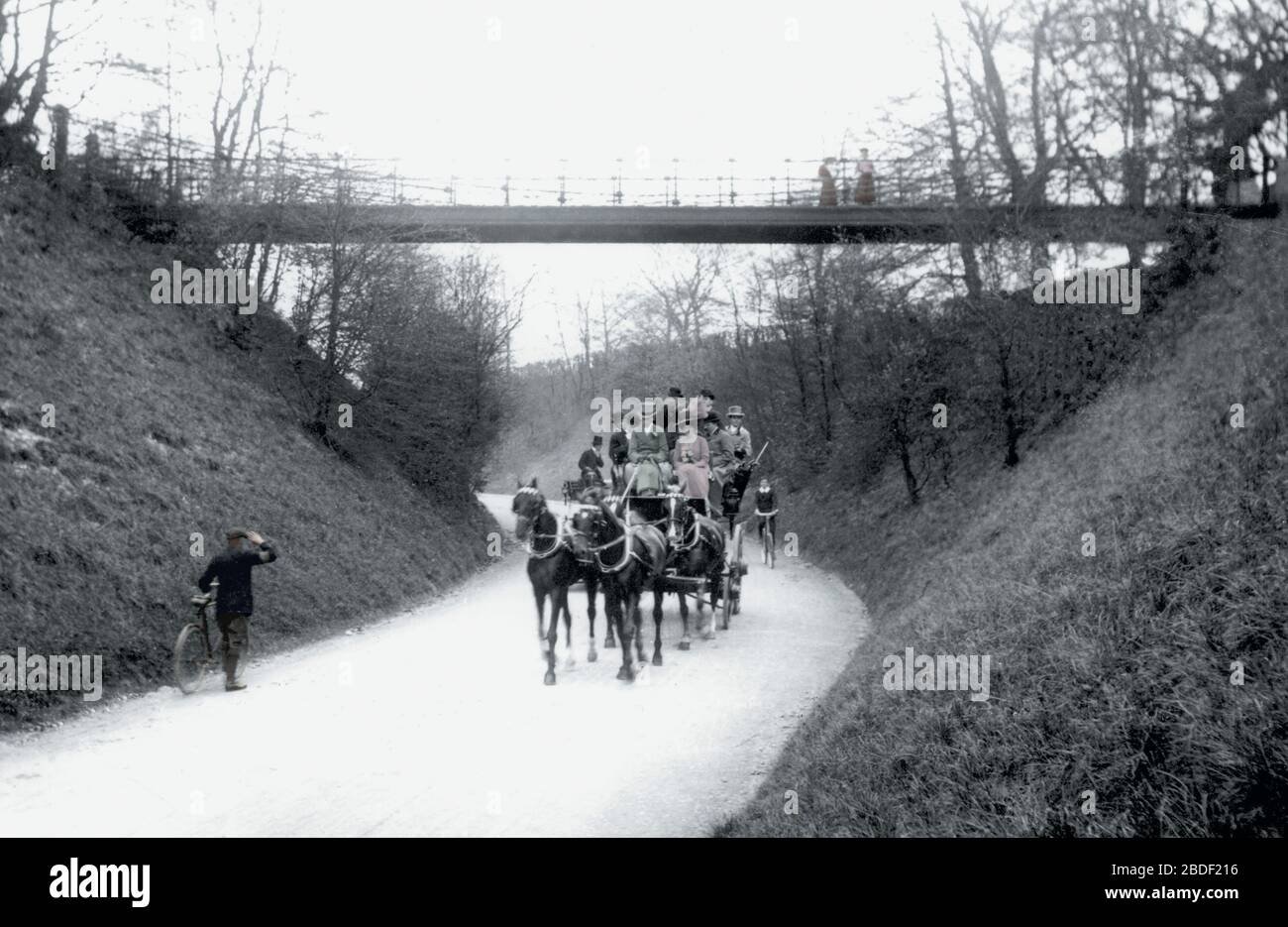 Reigate, Suspension Bridge and Stagecoach c1908 Stock Photo - Alamy