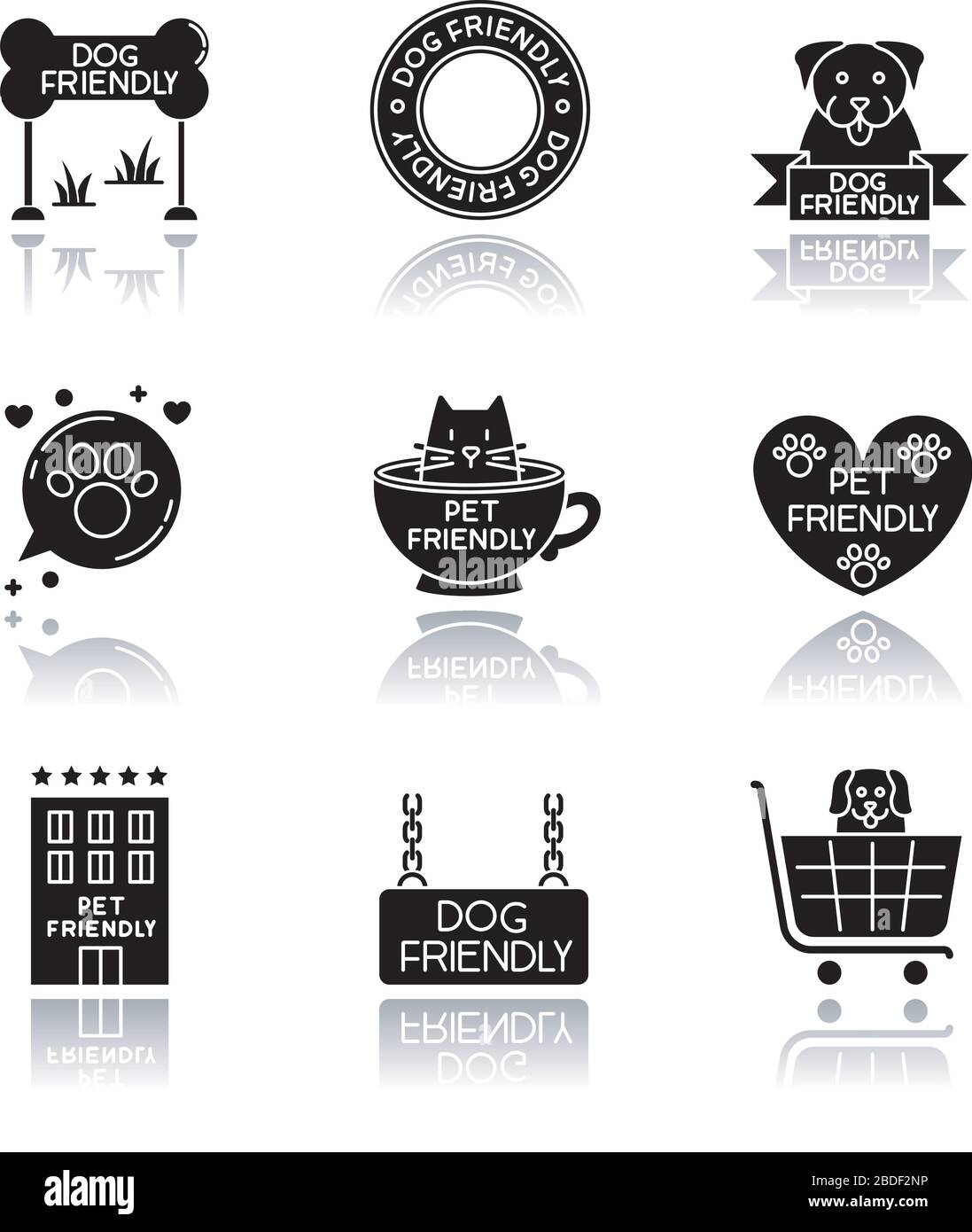 Pet friendly emblems drop shadow black glyph icons set. Four-legged ...