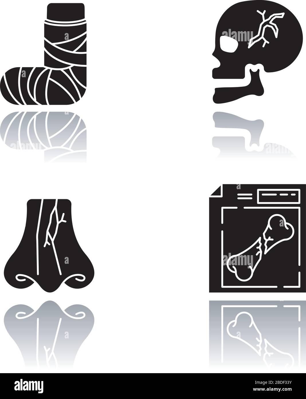 Limb and body injuries drop shadow black glyph icons set. Broken foot ...