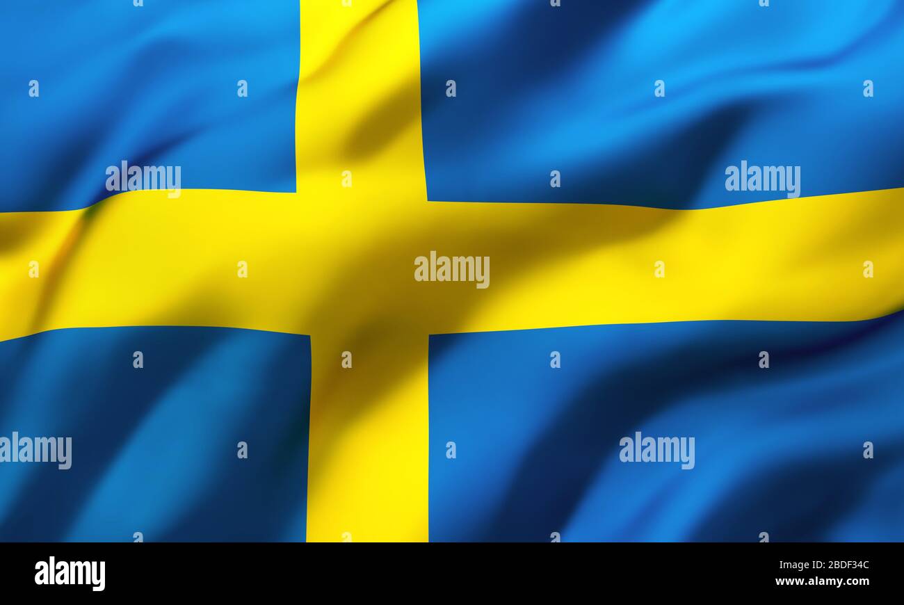 Flag of Sweden blowing in the wind. Full page Swedish flying flag. 3D ...