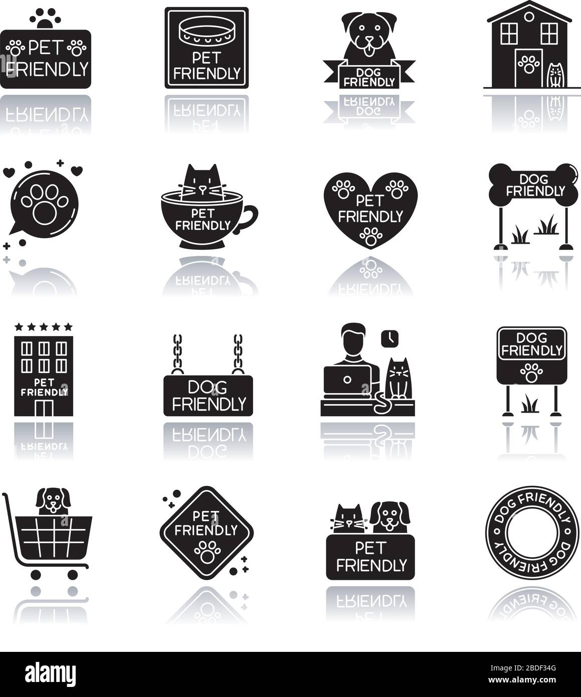 Pet friendly signs drop shadow black glyph icons set. Cats and dogs ...