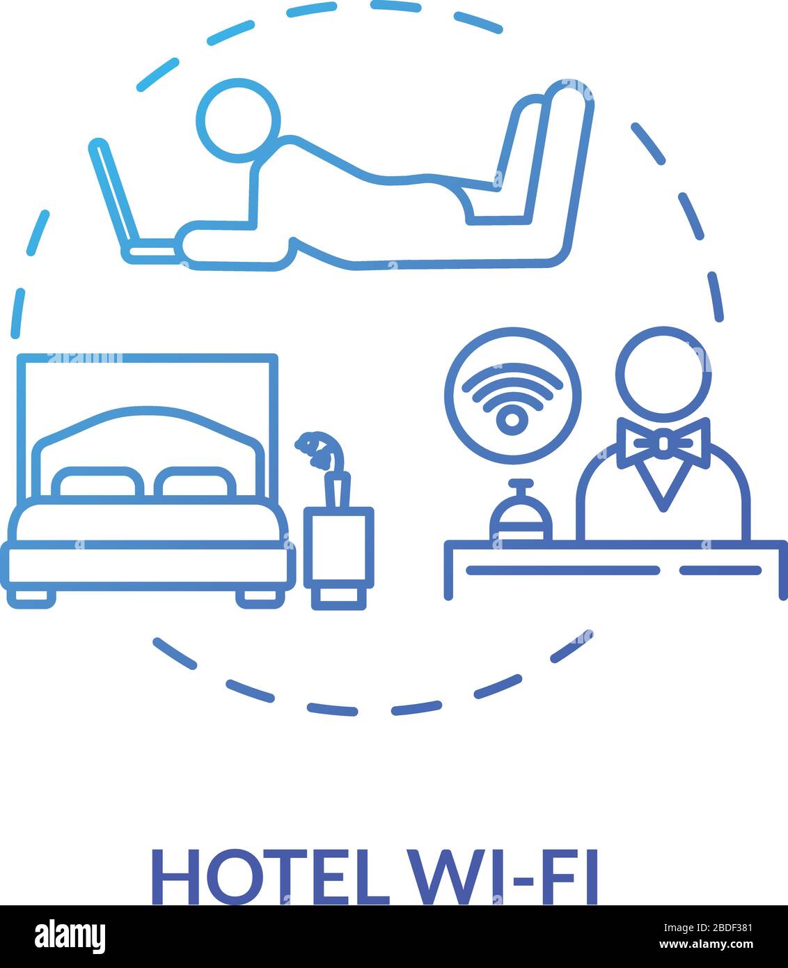 Hotel wi-fi blue concept icon. Get apartment signal with laptop. Free ...