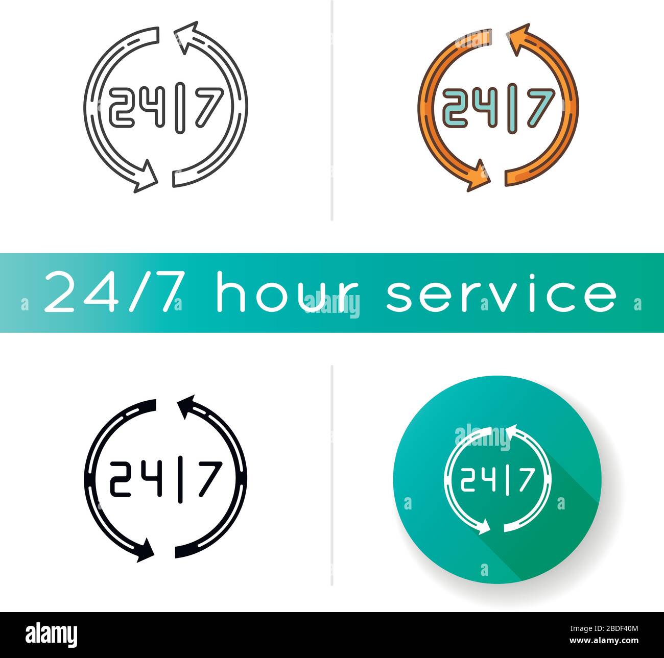 Open around the clock icon. 24 7 hour service. Everyday open store ...