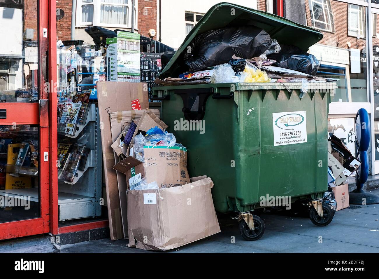 Melton Mowbray April 8th 2020: Daily shoping, stacked up rubish, small ...