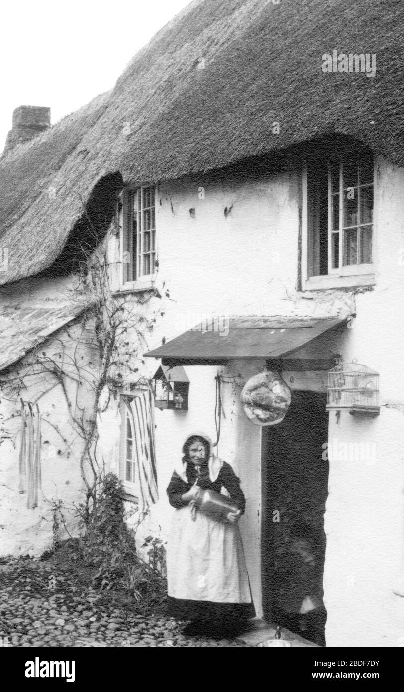 Hope Cove, Woman, Old Thatched Cottage 1890 Stock Photo - Alamy