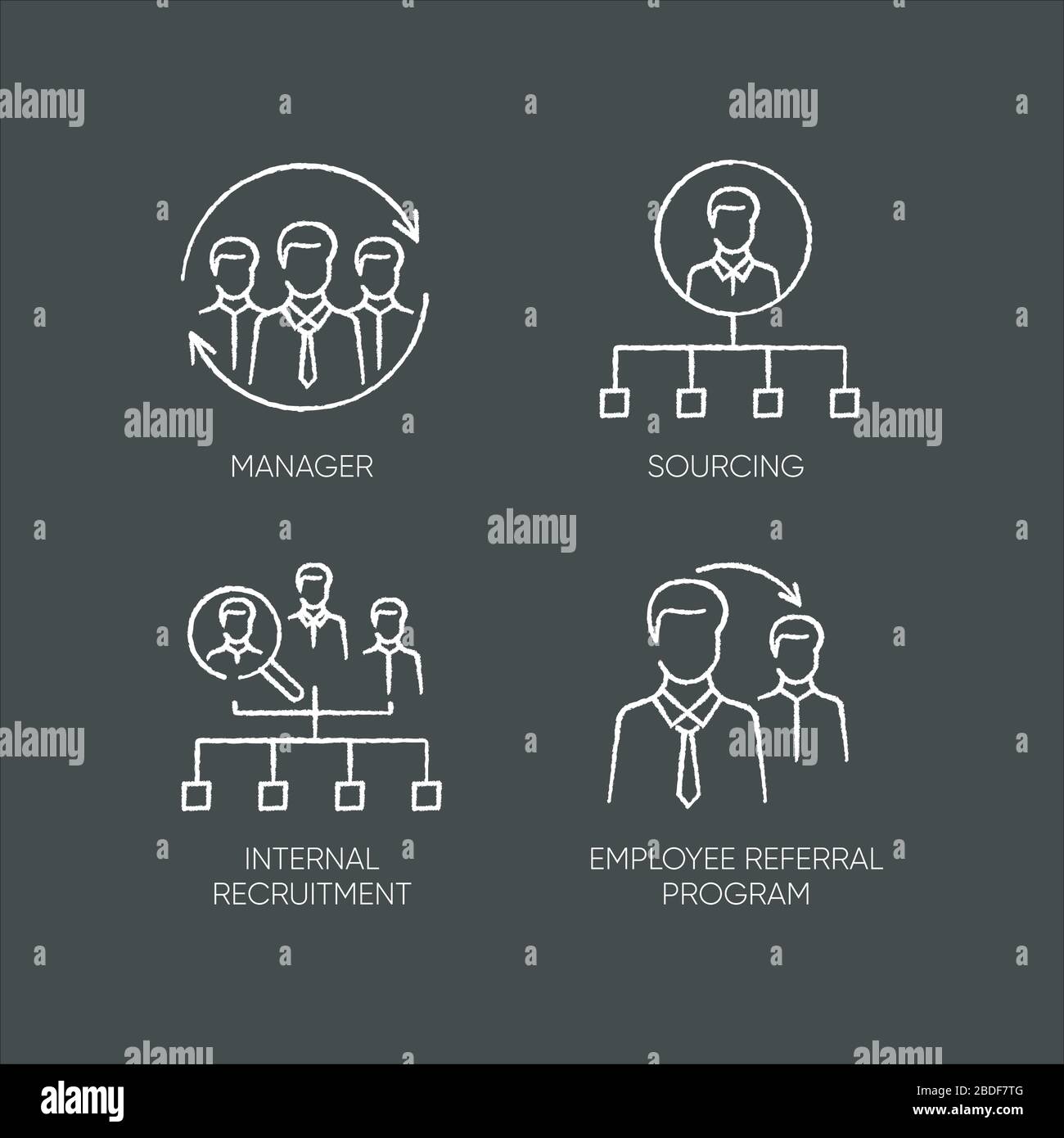Executive search chalk white icons set on black background. Manager ...