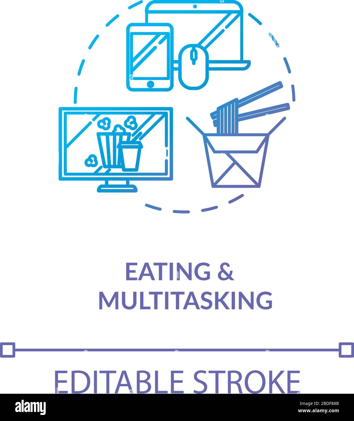 Eating and multitasking concept icon. Conscious nutrition, binge eating ...