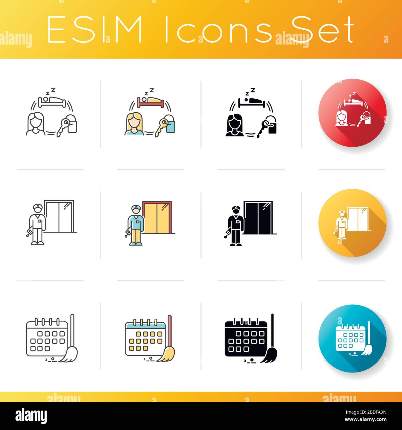 Renting hotel room icons set. Security guard, warden. Living ...