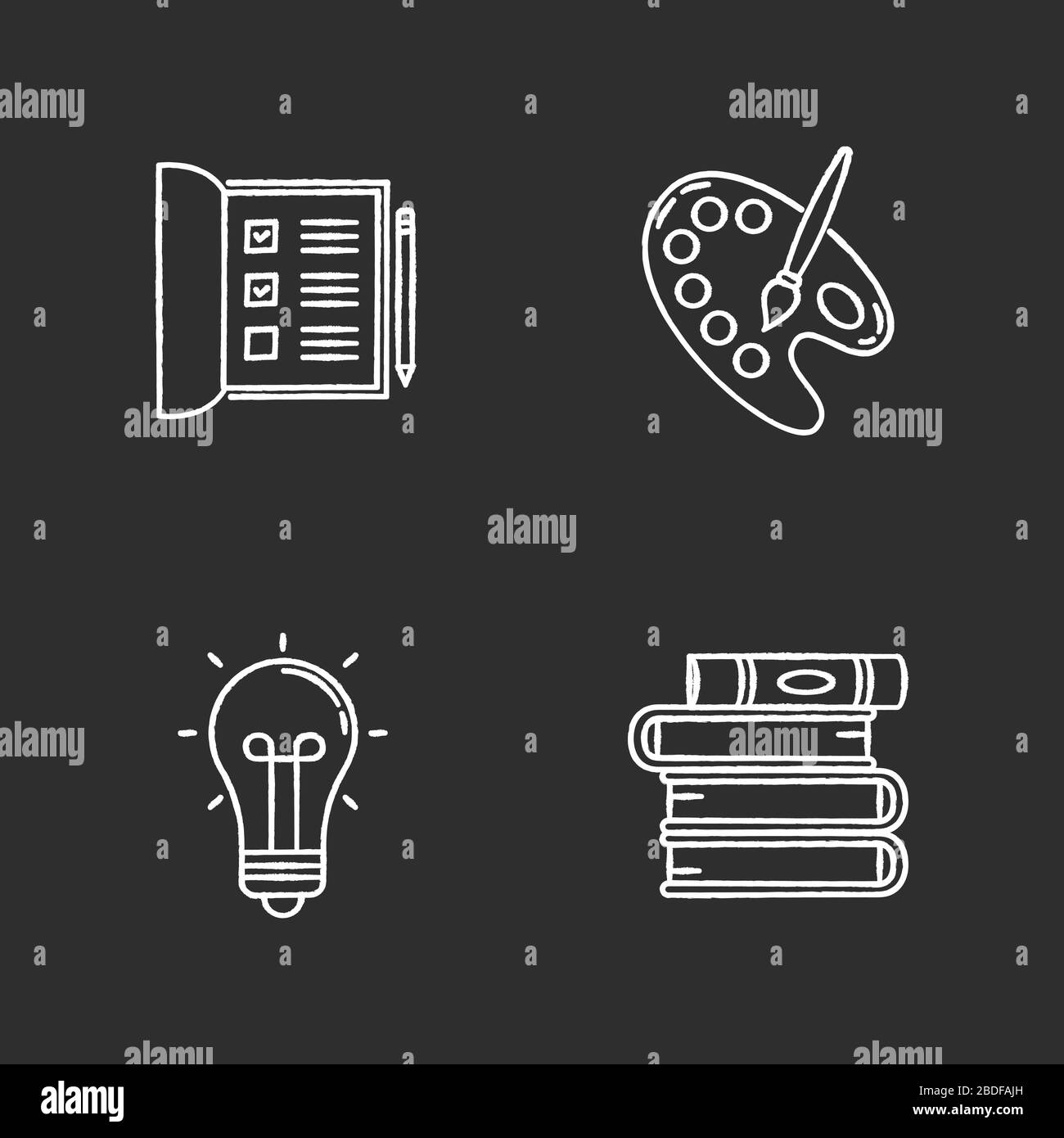 Hobby and work chalk white icons set on black background. Open notebook ...