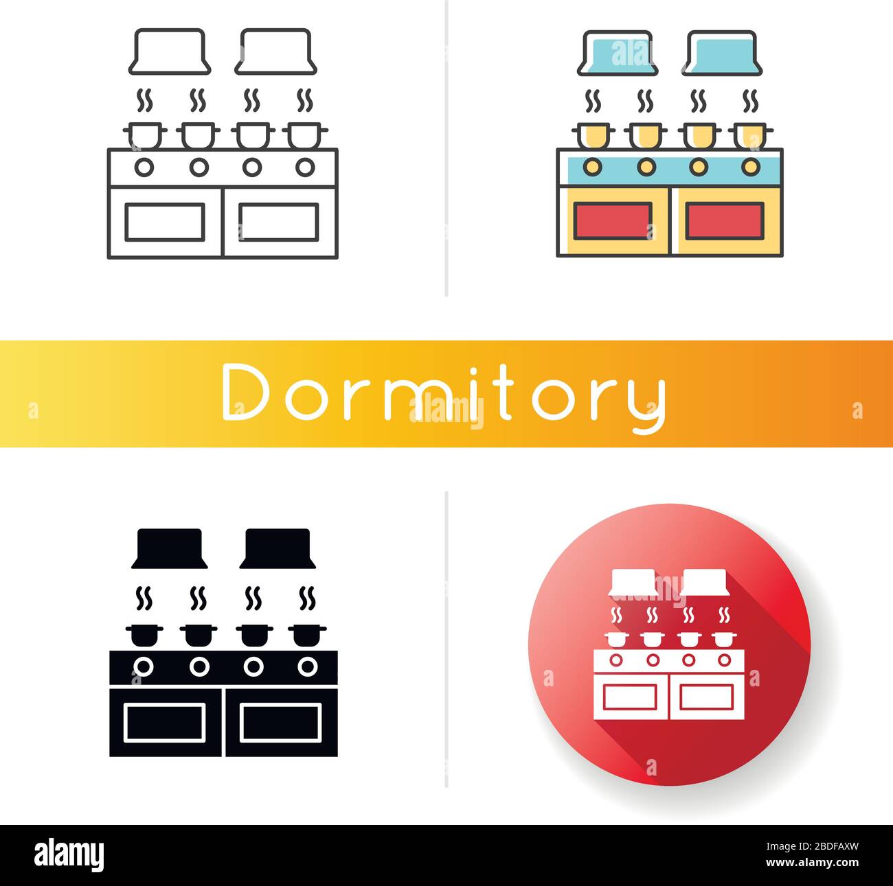 Communal kitchen icon. Common dormitory room. Cooking. Casseroles on ...