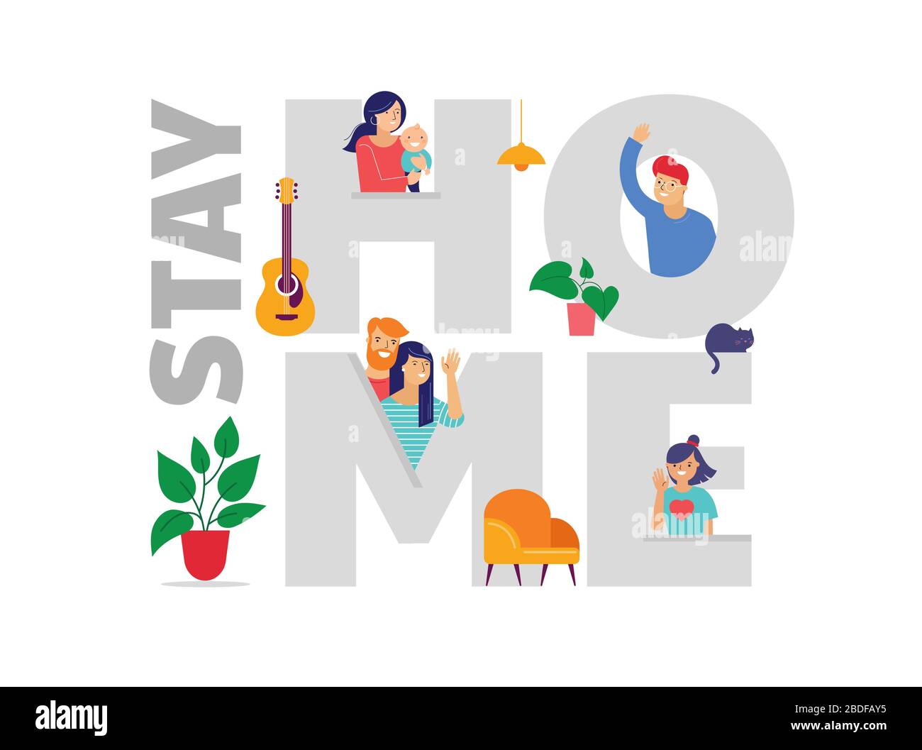 Stay at home, concept design. Different types of people look out and ...