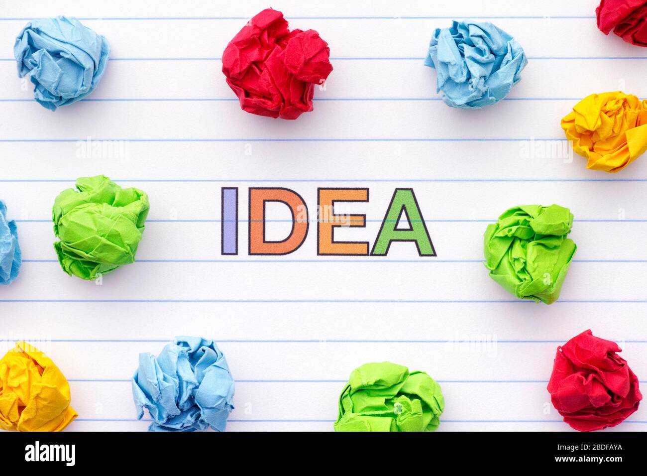 The word Idea written on a lined notebook sheet with some crumpled ...