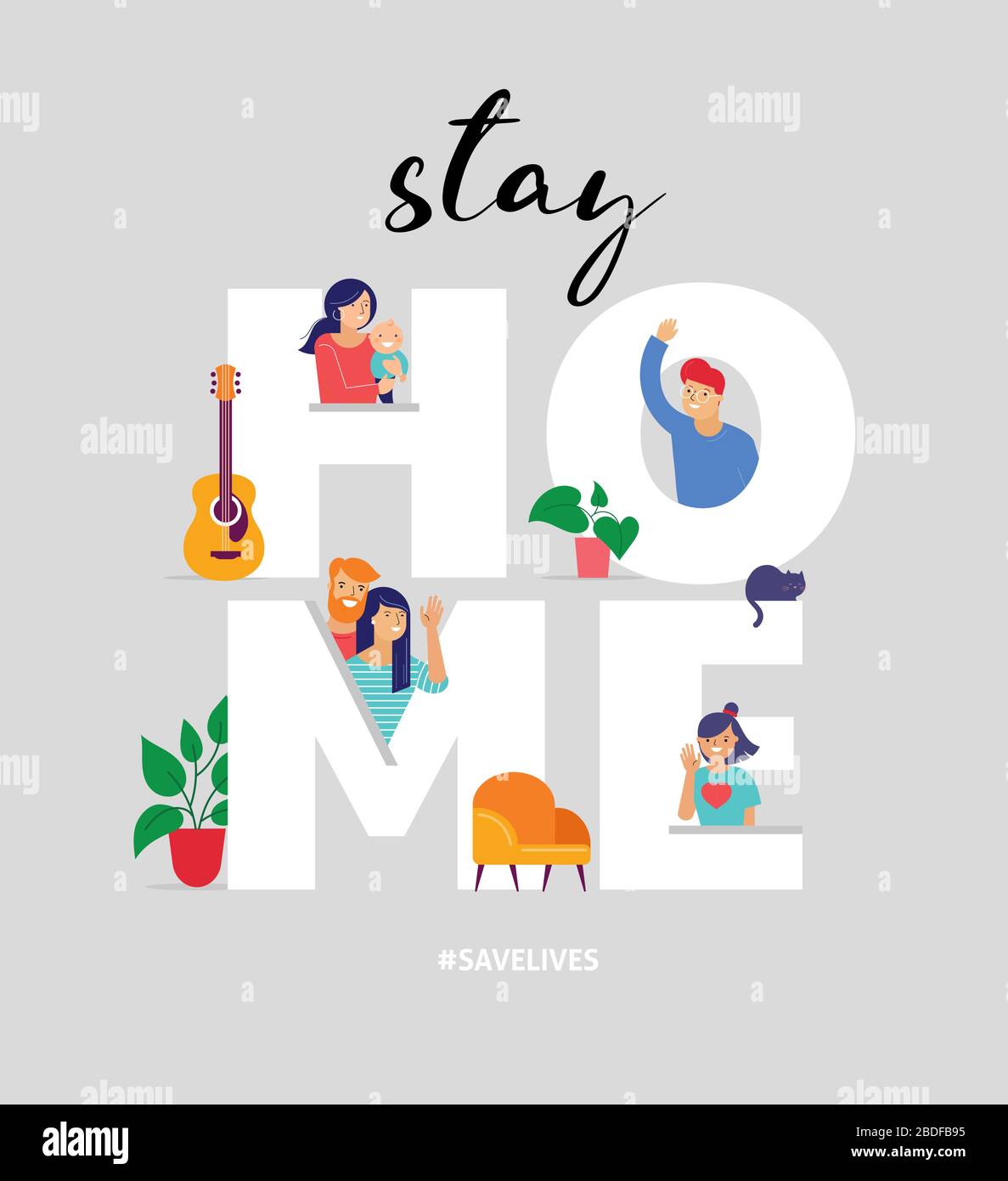 Stay at home, concept design. Different types of people look out and ...