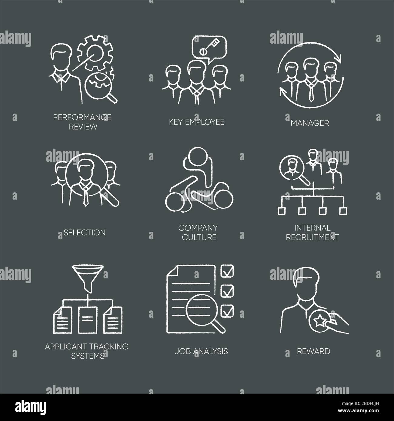 Recruitment chalk white icons set on black background. Professional ...