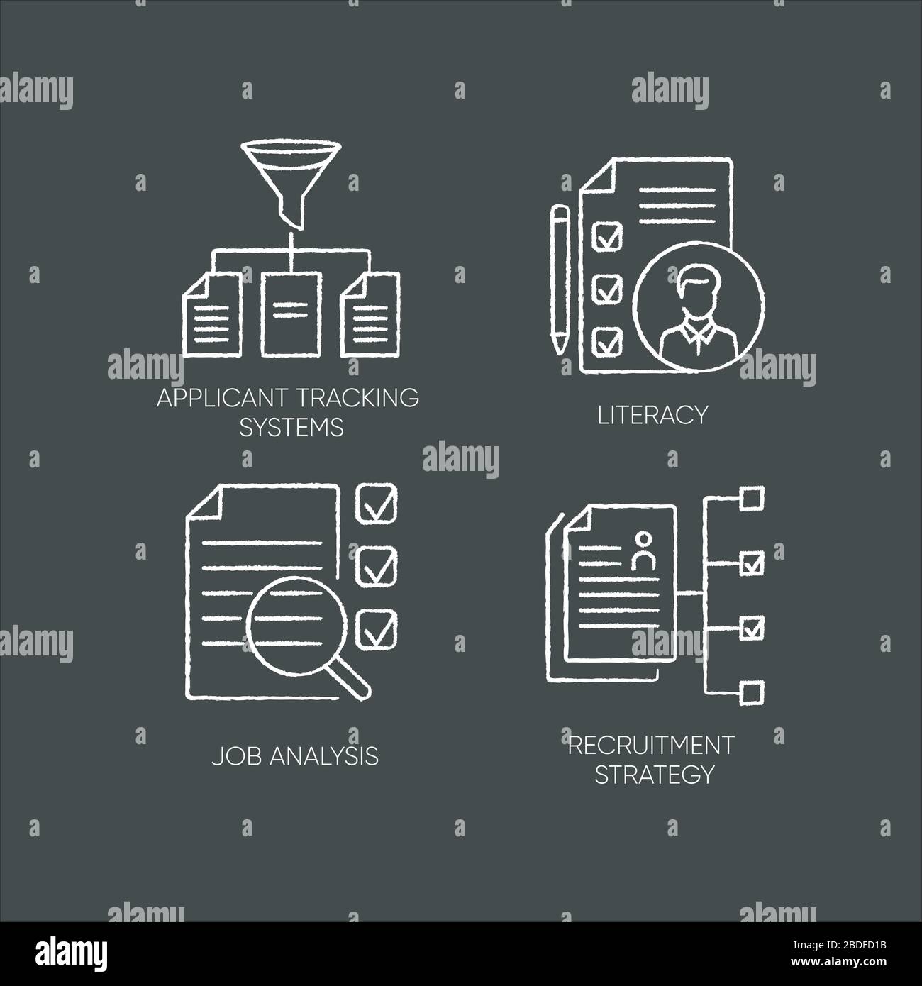 Professional employment chalk white icons set on black background ...