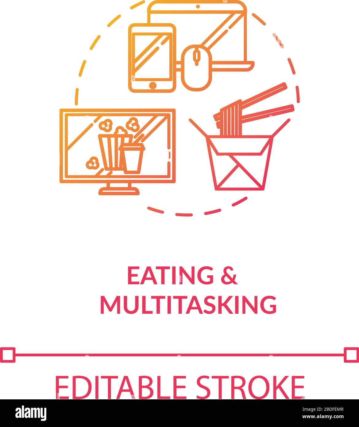 Eating and multitasking concept icon. Conscious nutrition, binge eating ...
