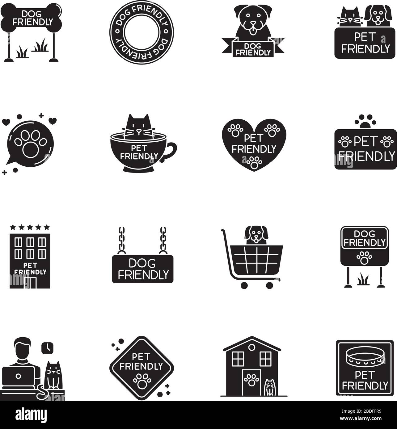 Pet friendly signs black glyph icons set on white space. Cats and dogs ...