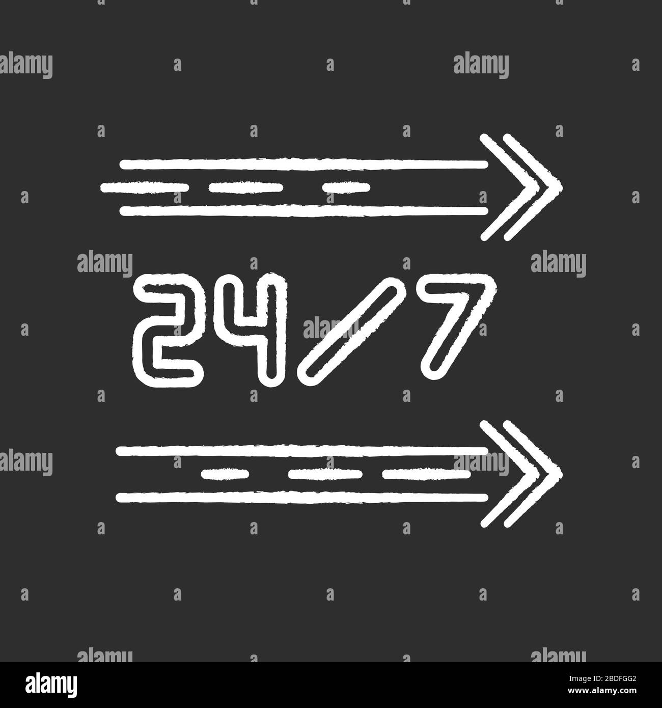 24 7 hour service chalk white icon on black background. Straight lines ...
