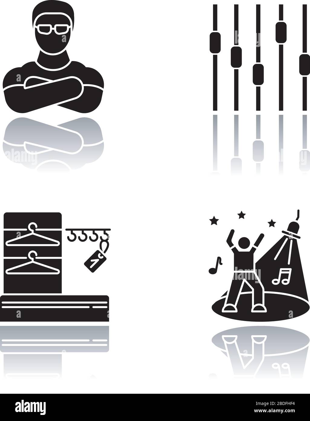 Nightclub drop shadow black glyph icons set. Face control, late night ...