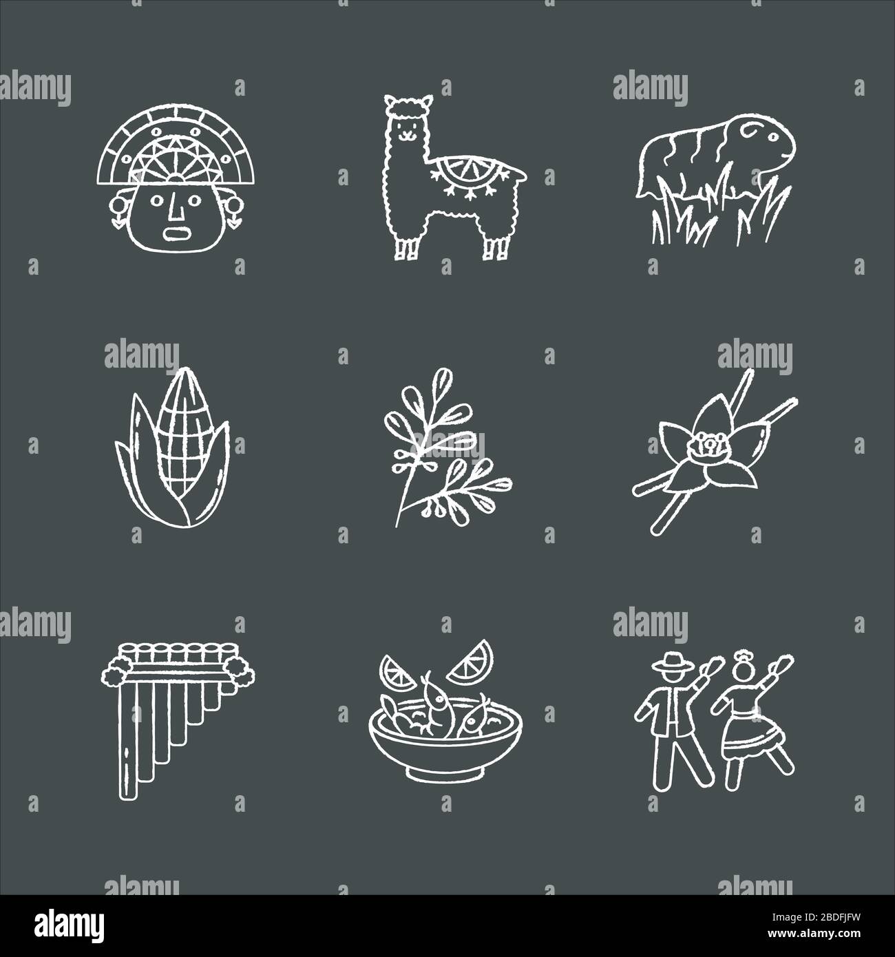 Peru chalk white icons set on black background. Hispanic history ...