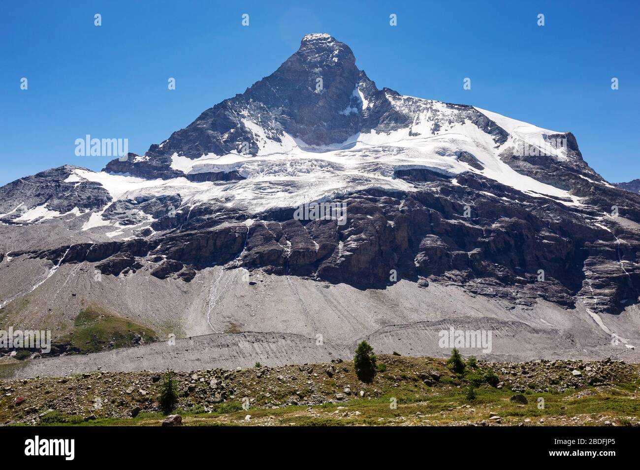 Alpine landscape in the Zmutt glacial valley glacier of north side of ...