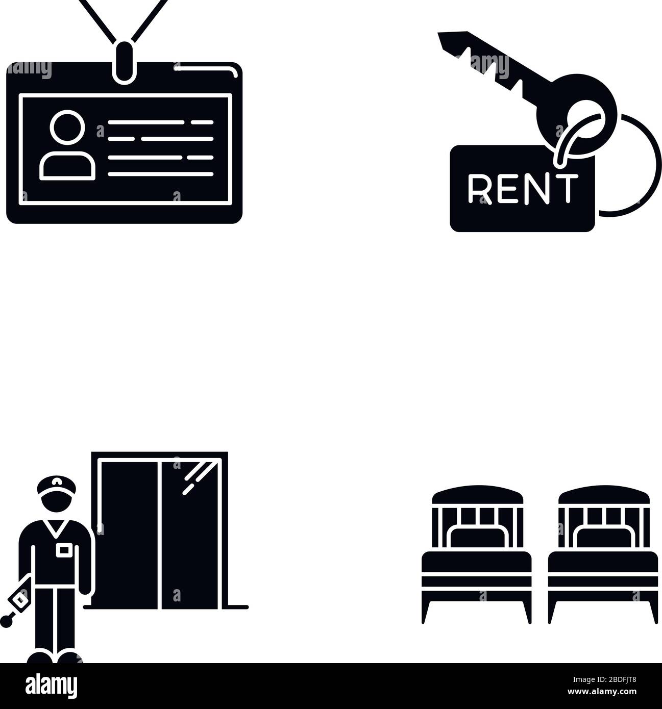Renting hotel room black glyph icons set on white space. Living ...