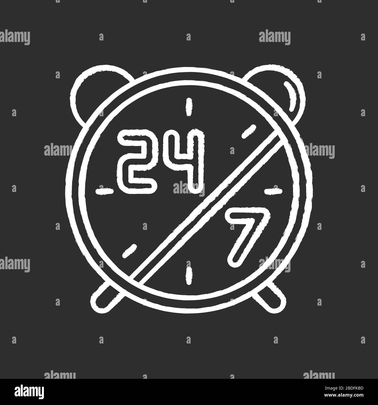 24 7 hours service chalk white icon on black background. Alarm clock ...