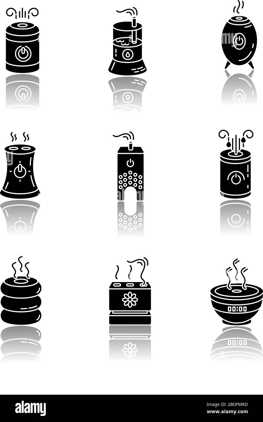 Air ionizers variety drop shadow black glyph icons set. Ultrasonic and ...