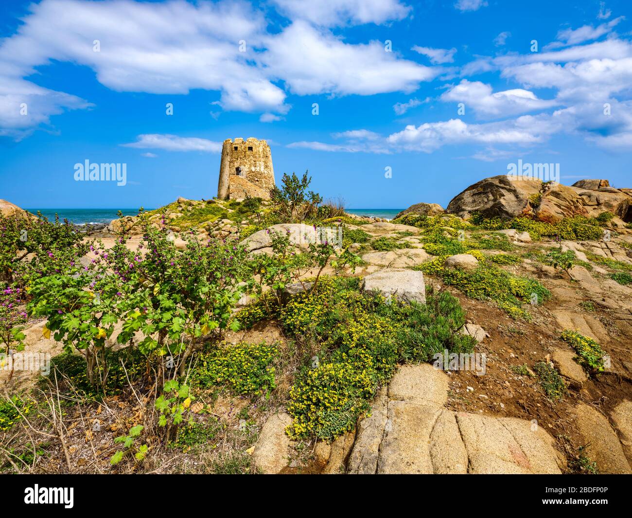 The symbol of the city of Bari Sardo, "Torre di Barì", a tower built on ...
