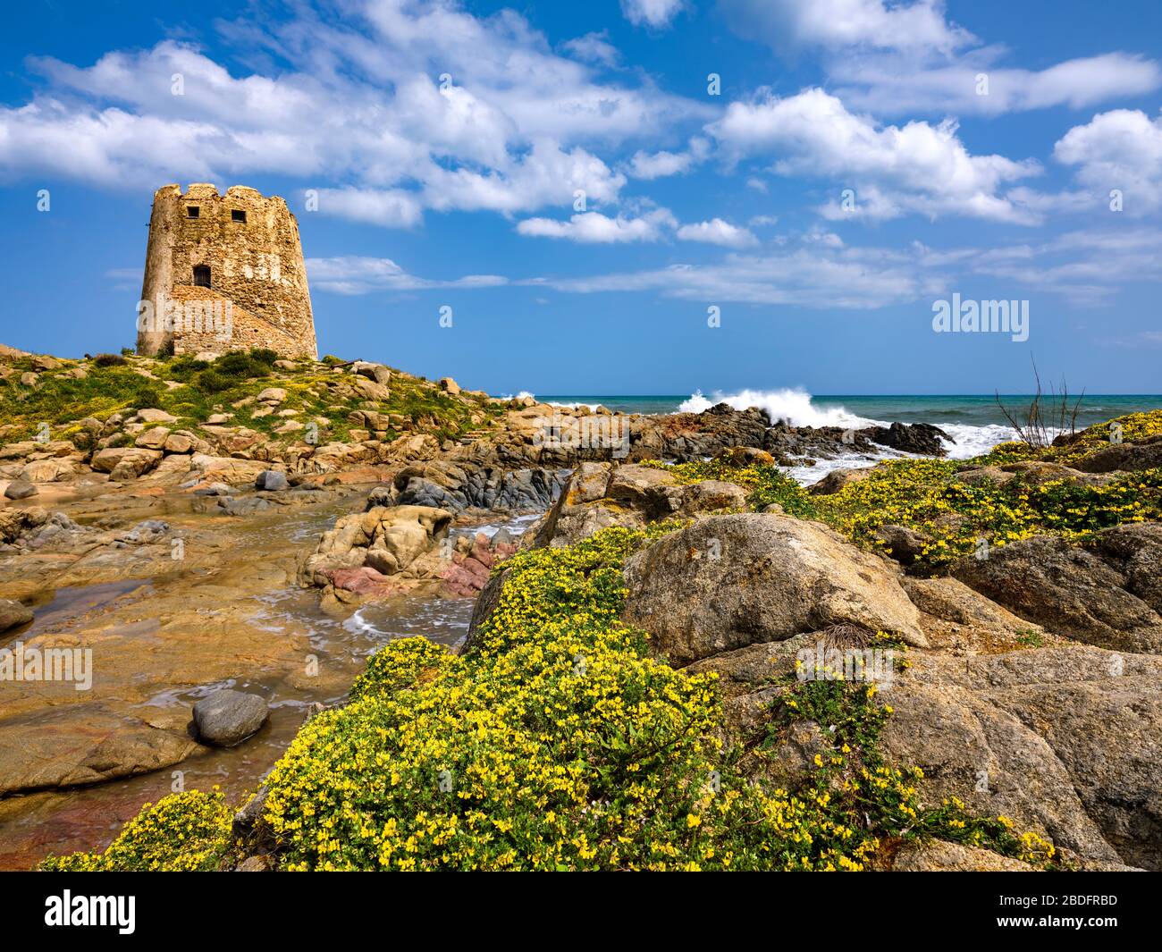 The symbol of the city of Bari Sardo, a tower built on a rocky outcrop ...