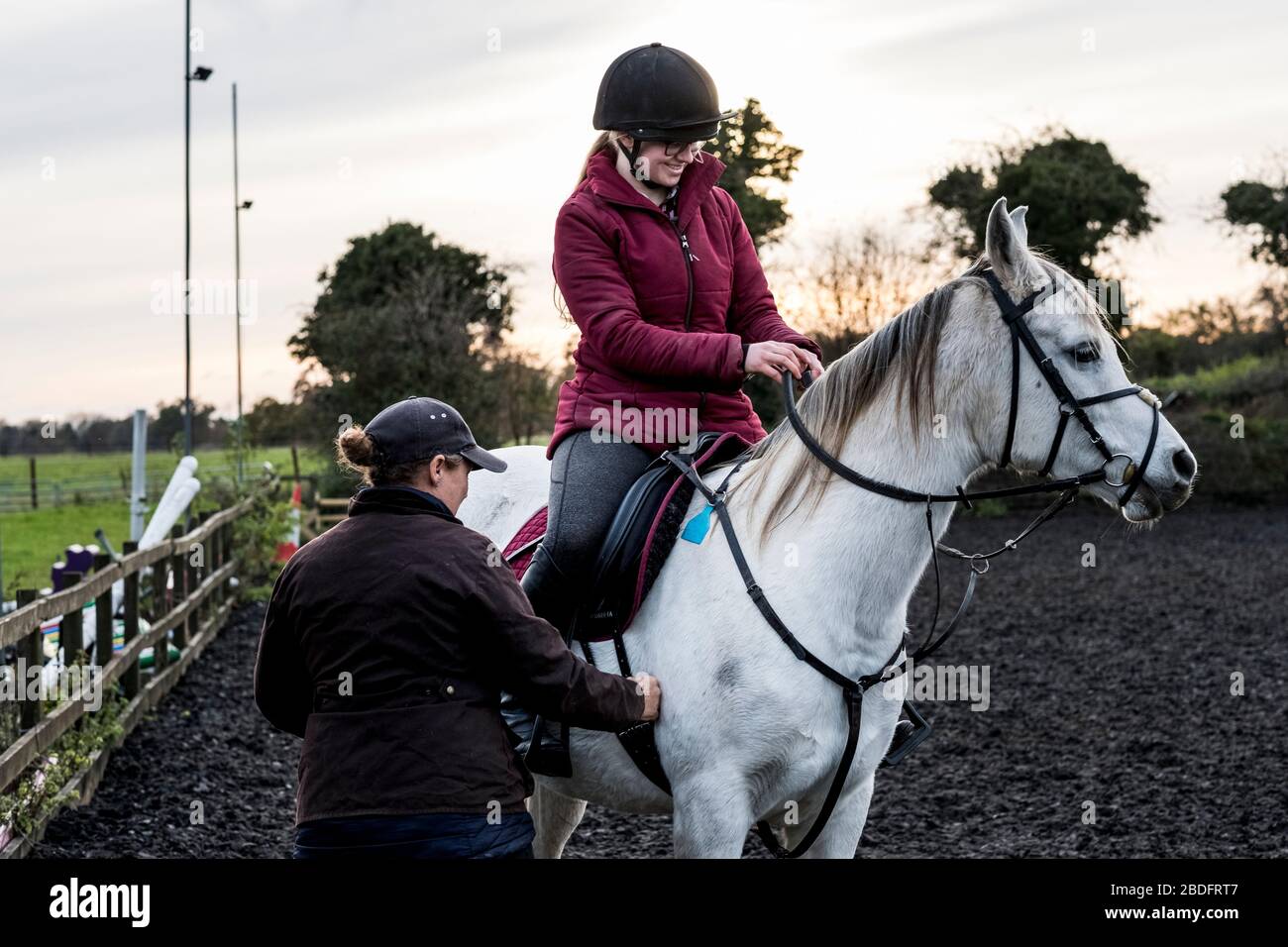 Young woman riding on white Cob horse in paddock Stock Photo - Alamy