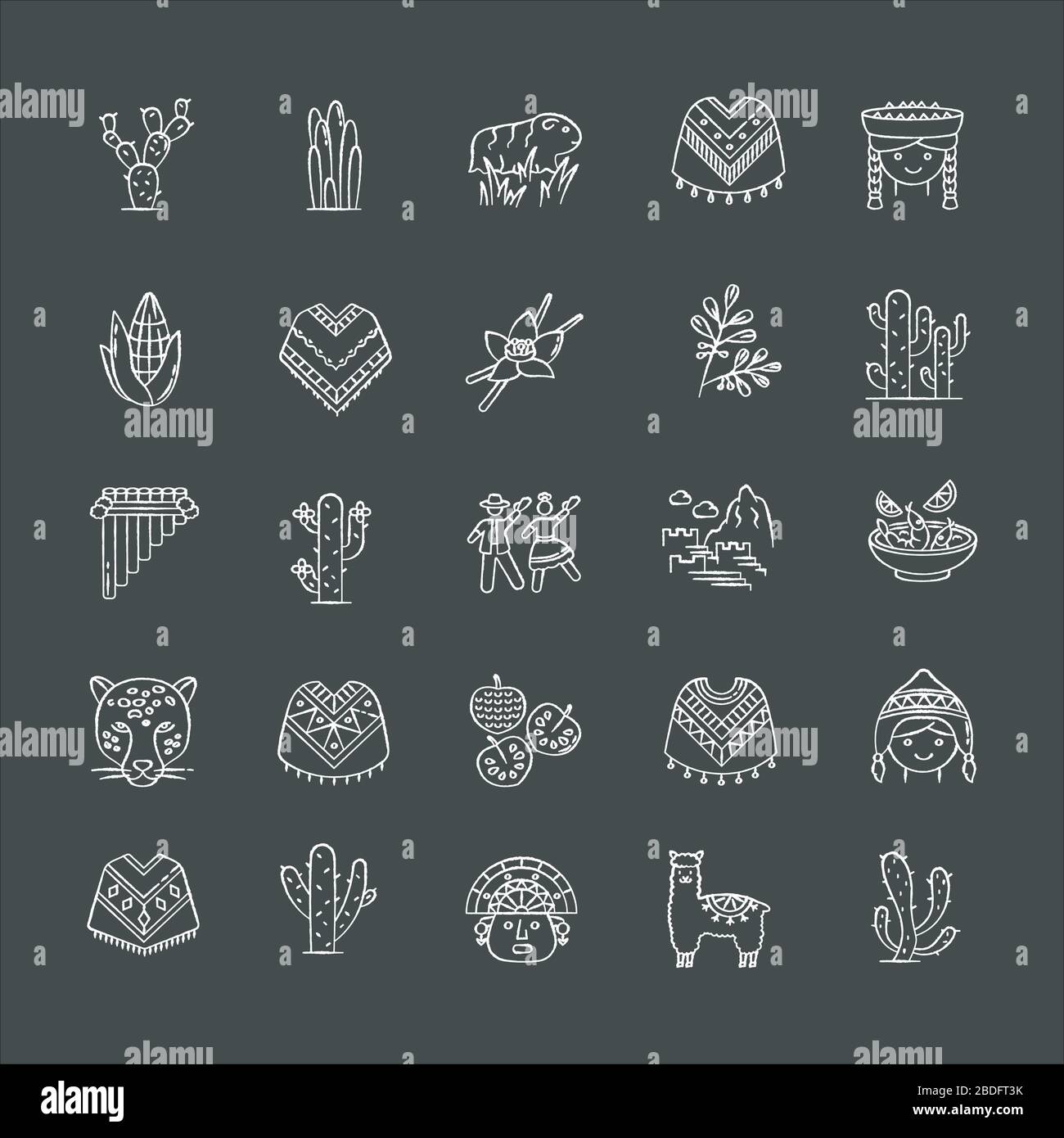 Peru chalk white icons set on black background. Andean country sights ...
