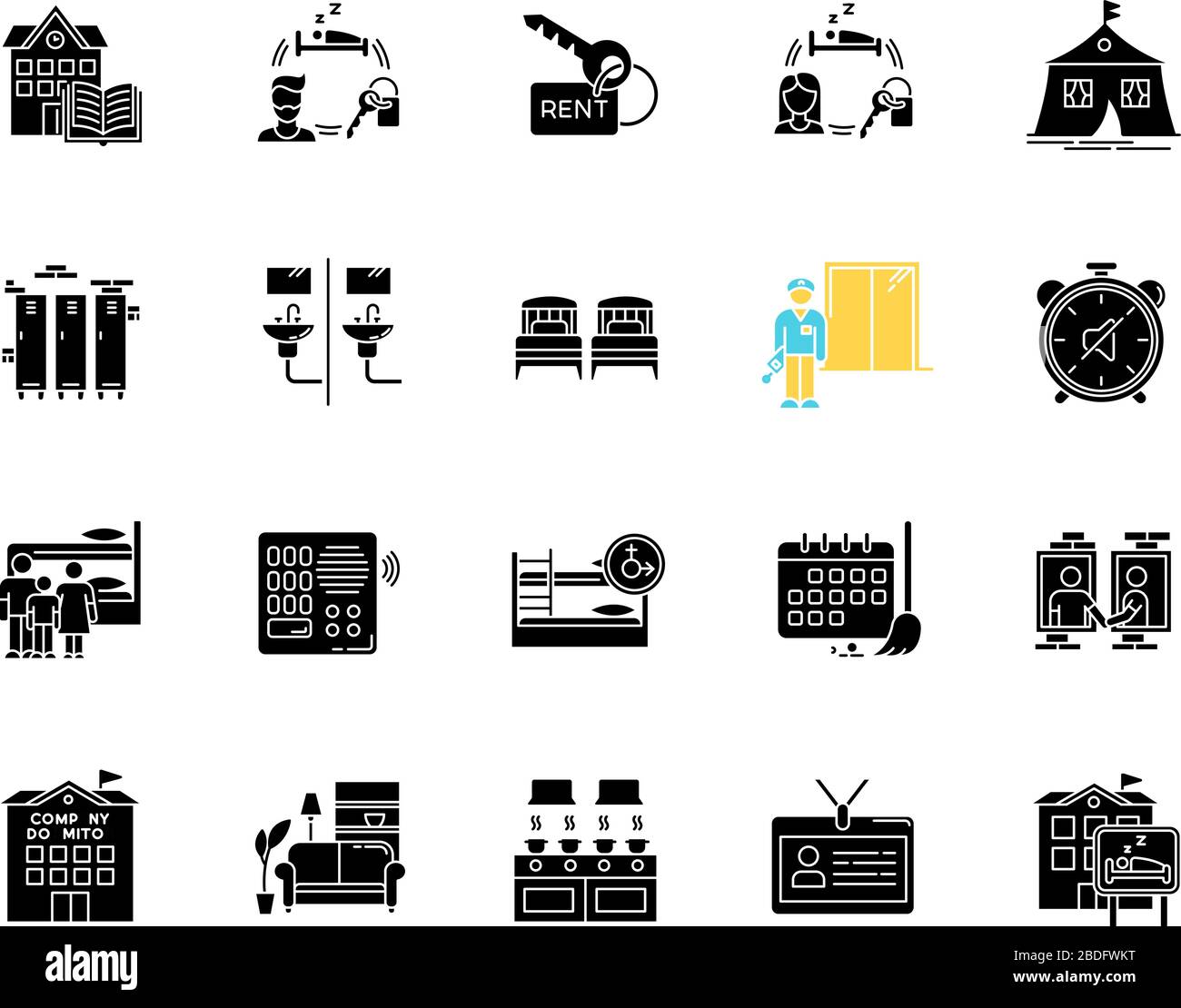 Dormitory black glyph icons set on white space. Communal space. Living ...