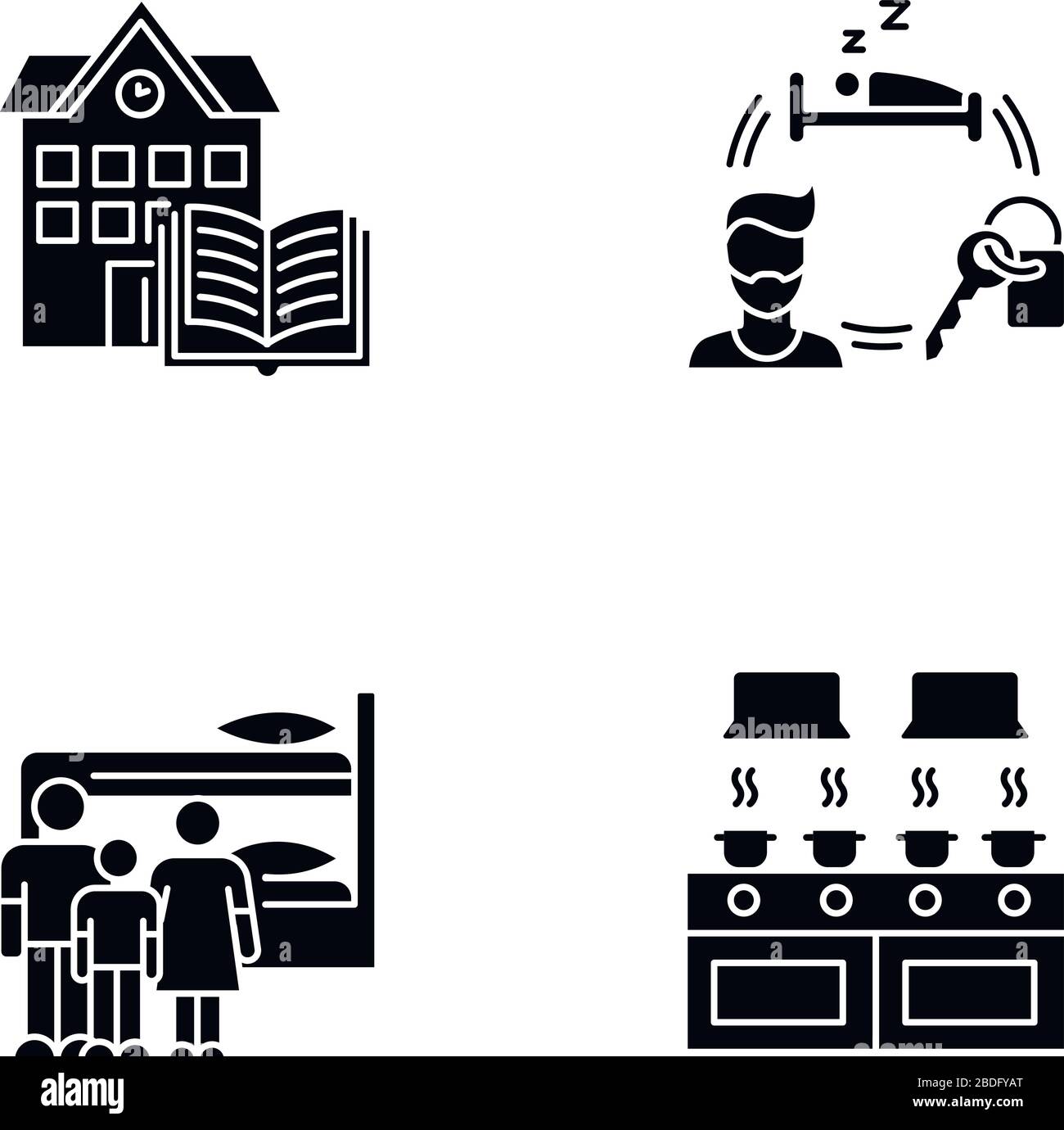 Dormitory black glyph icons set on white space. Family dorm. Communal ...