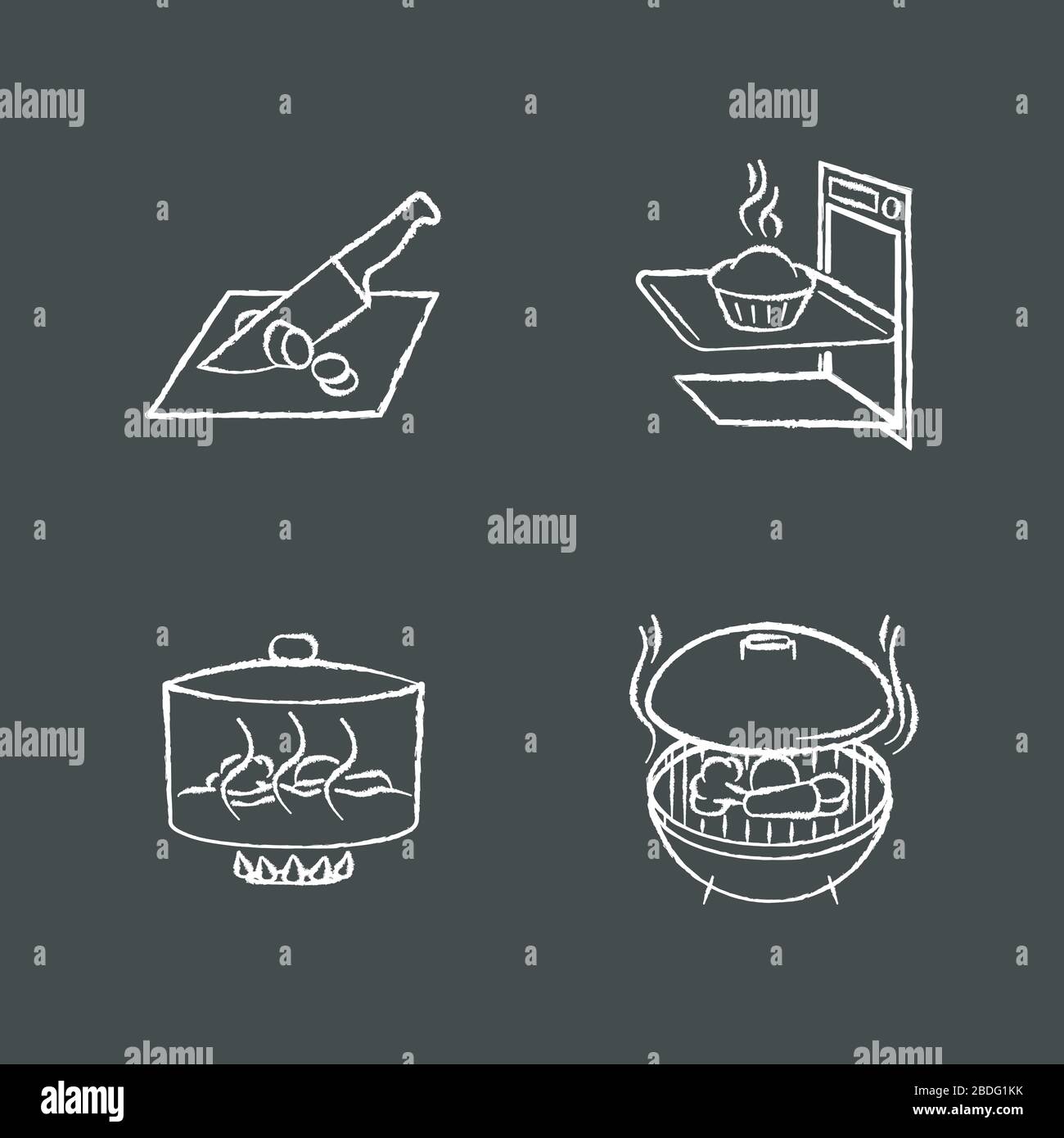 Cooking methods chalk white icons set on black background. Various ...