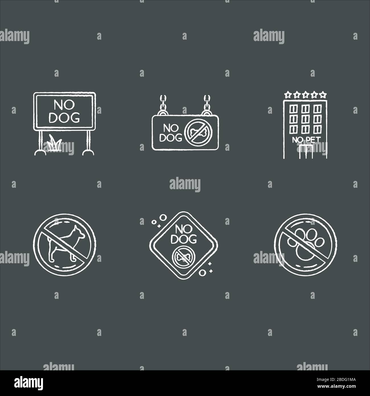 Pet not allowed emblems chalk white icons set on black background. Four ...