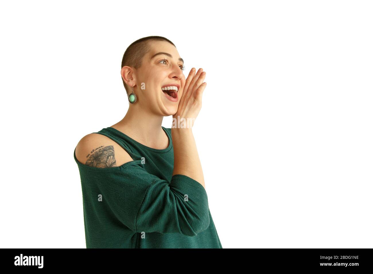 Calling, shouting. Portrait of young caucasian woman with freaky ...