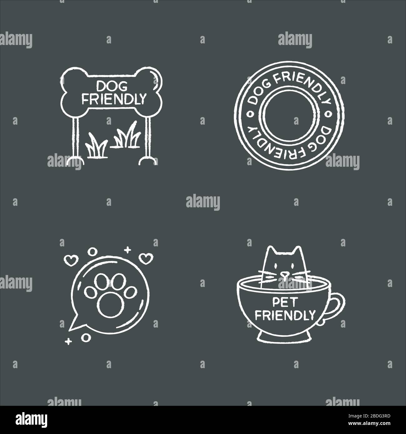 Cat and dog friendly areas emblems chalk white icons set on black ...