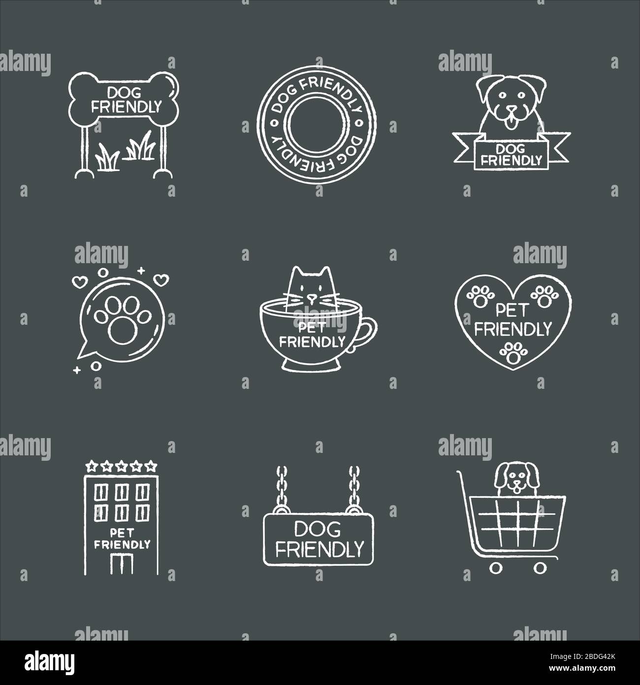 Pet friendly emblems chalk white icons set on black background. Four ...