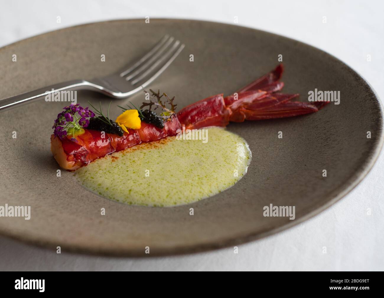 Scarlet prawn with coriander puree, served as starter at the restaurant ...