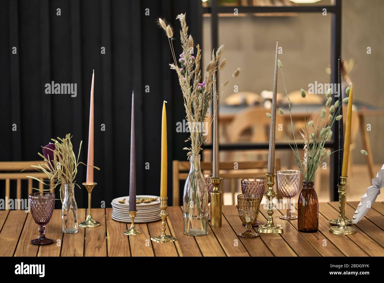 Closeup view at wood table with fancy serving Stock Photo - Alamy
