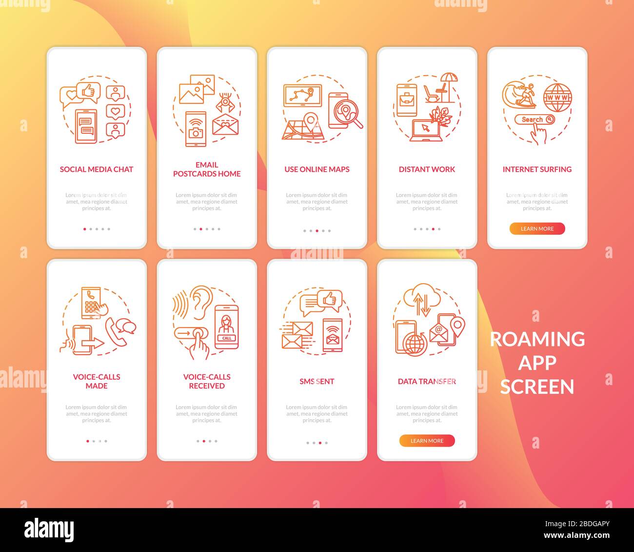 Roaming, telecommunication onboarding mobile app page screen with ...