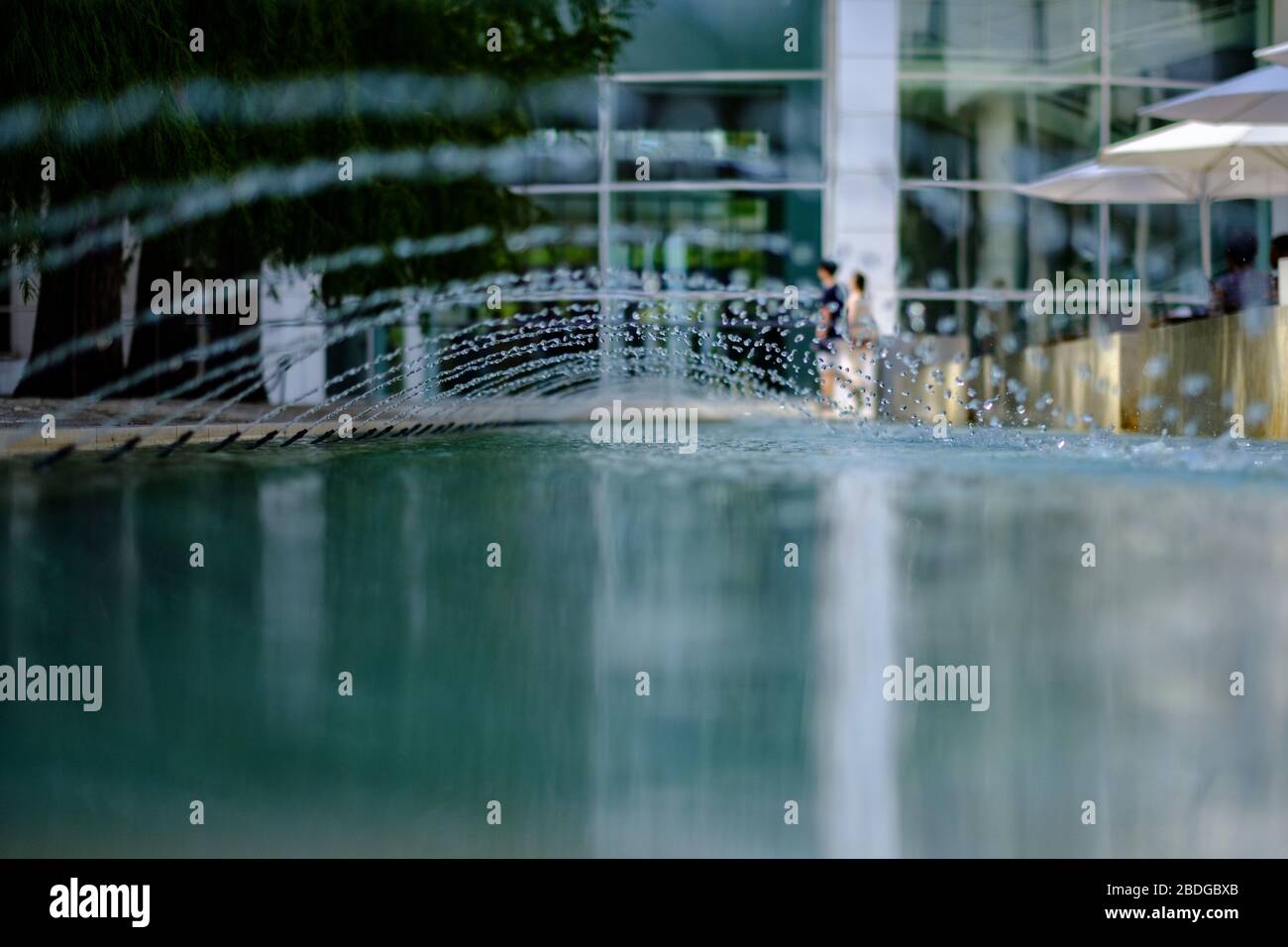 A tunnel of water formed by a fountain in the main plaza of The Getty ...