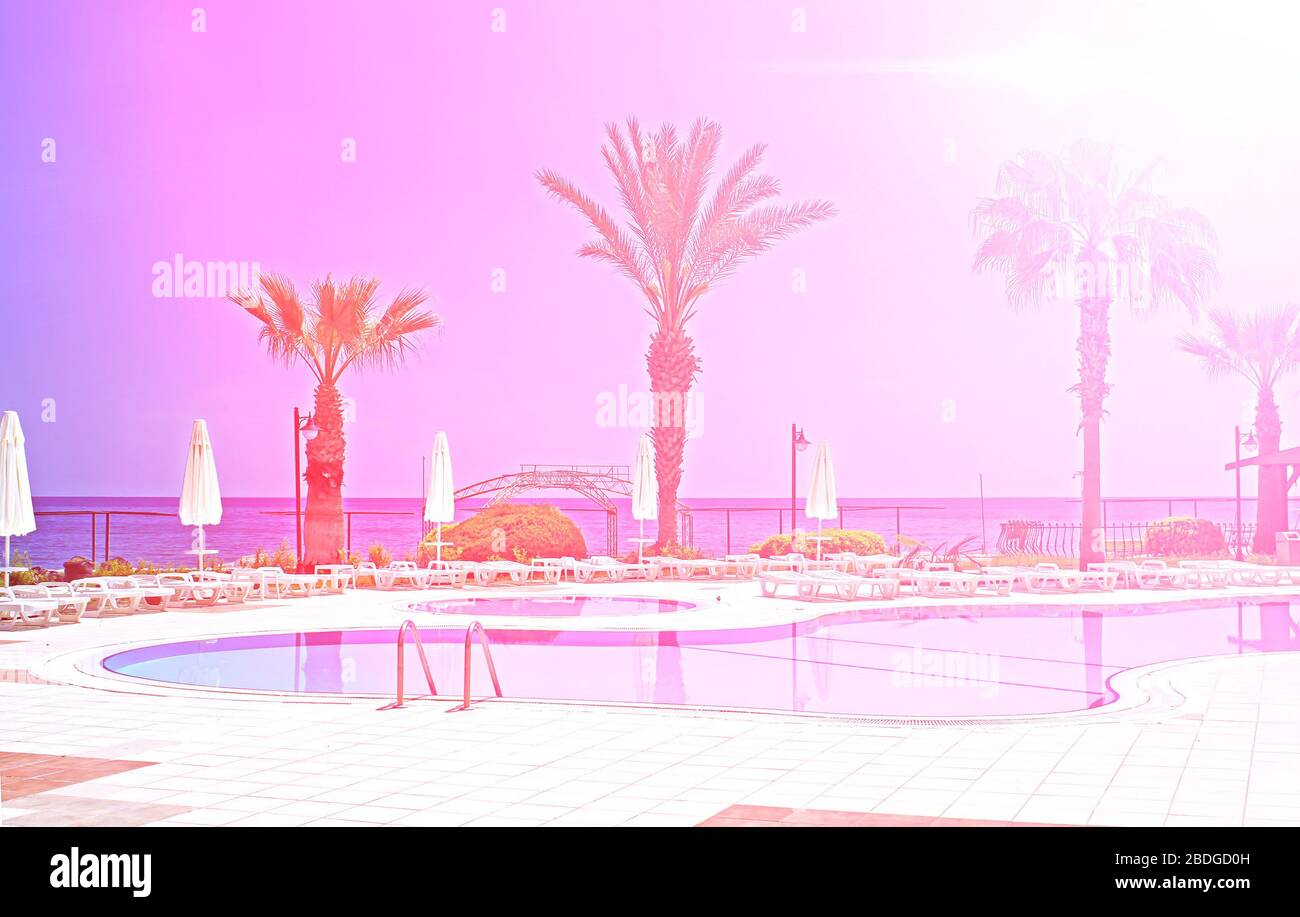 Swimming pool area near Mediterranean Sea in Antalya, Turkey Stock ...