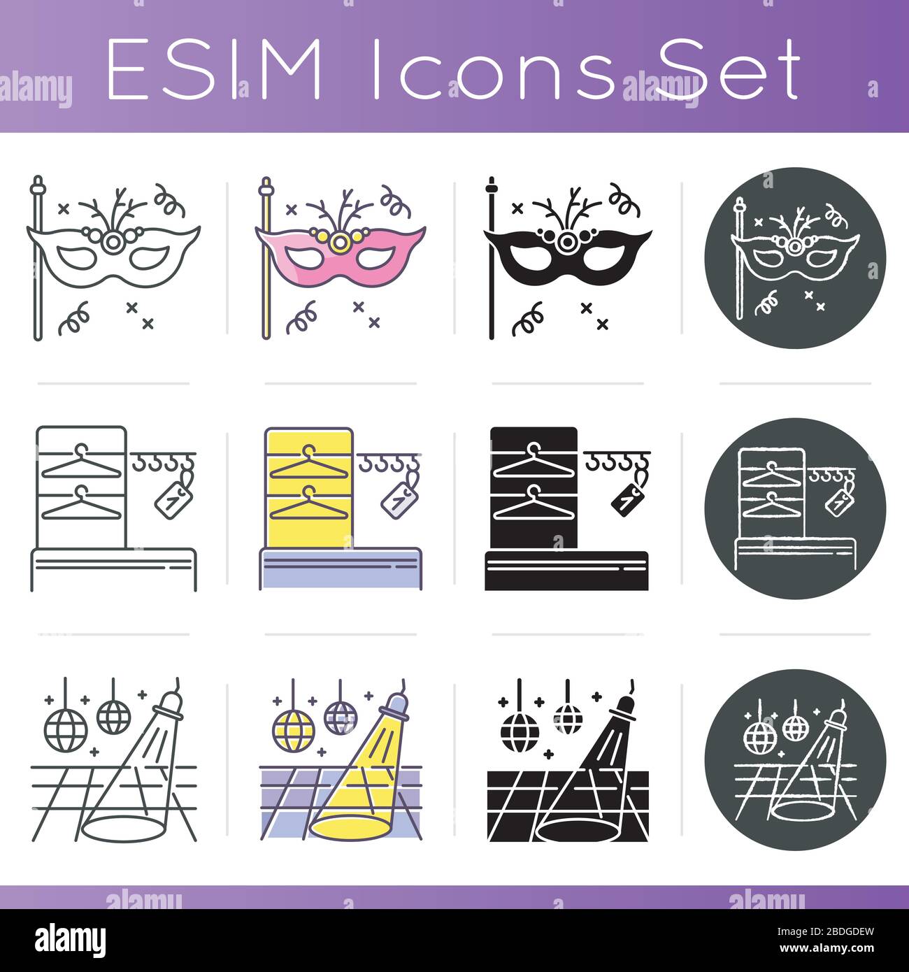 Nightclub theme party icons set. Linear, black and RGB color styles ...