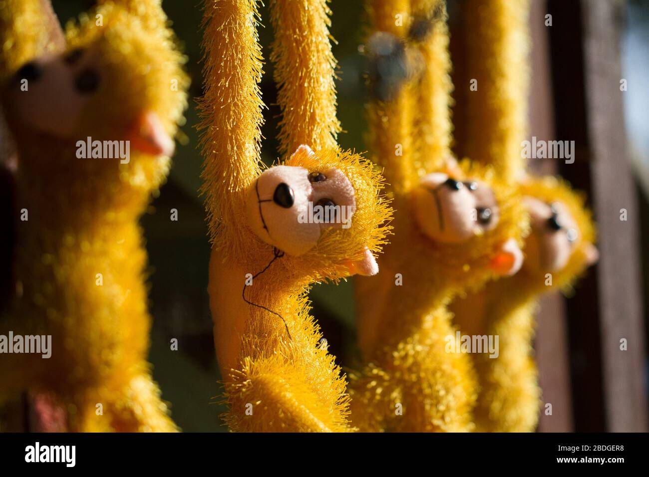 A line of yellow toy monkeys hang from a wall at a local market in ...
