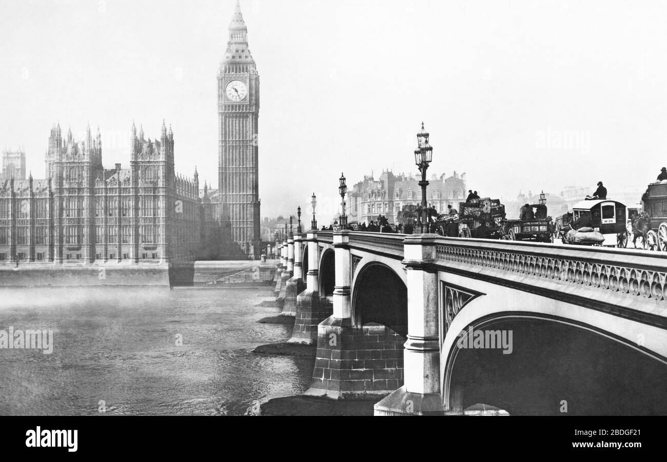 London, Houses of Parliament and Westminster Bridge 1890 Stock Photo ...