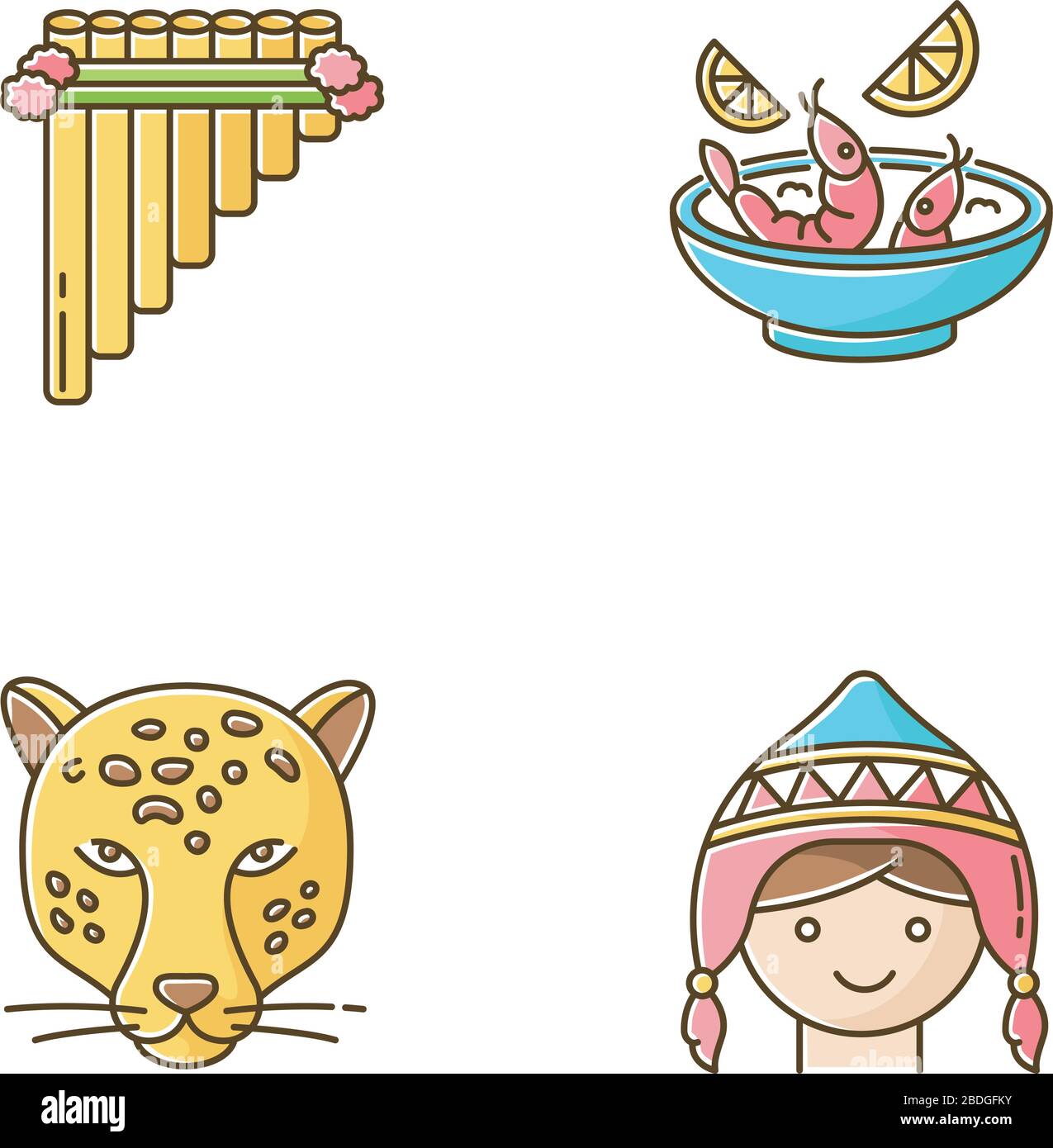 Peru RGB color icons set. Peruvian art, cuisine, animal world, costume ...
