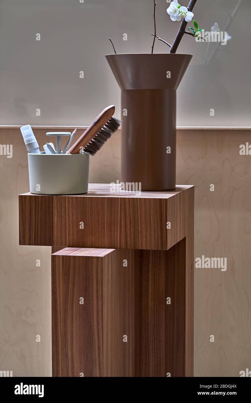 Closeup view at brown wood stand with objects Stock Photo - Alamy